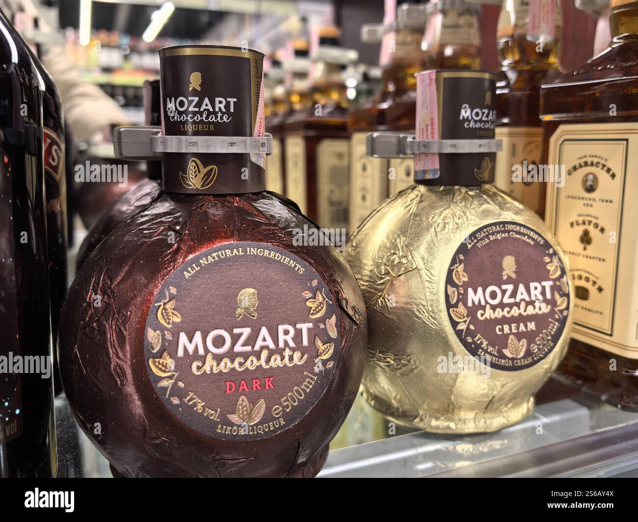 Bobruisk, Belarus - January 7, 2025: Richly detailed bottles of Mozart ...