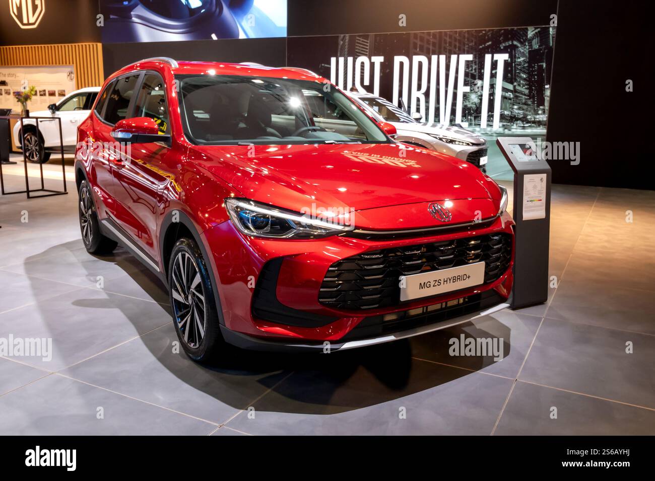 MG ZS Hybrid+ (2025) compact SUV car at the Brussels Motor Show. Brussels, Belgium - January 10 ...