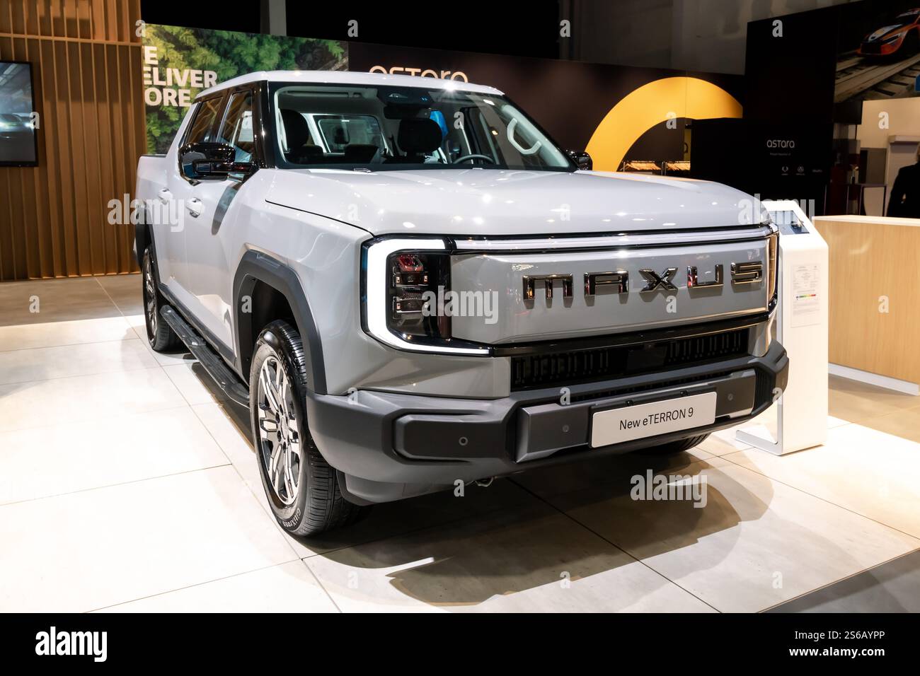 MAXUS eTERRON 9 (2025) electric pick-up truck at the Brussels Motor Show. Brussels, Belgium ...
