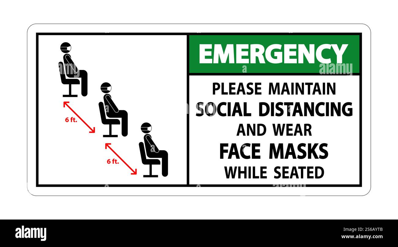 Emergency Maintain Social Distancing Wear Face Masks Sign on white ...