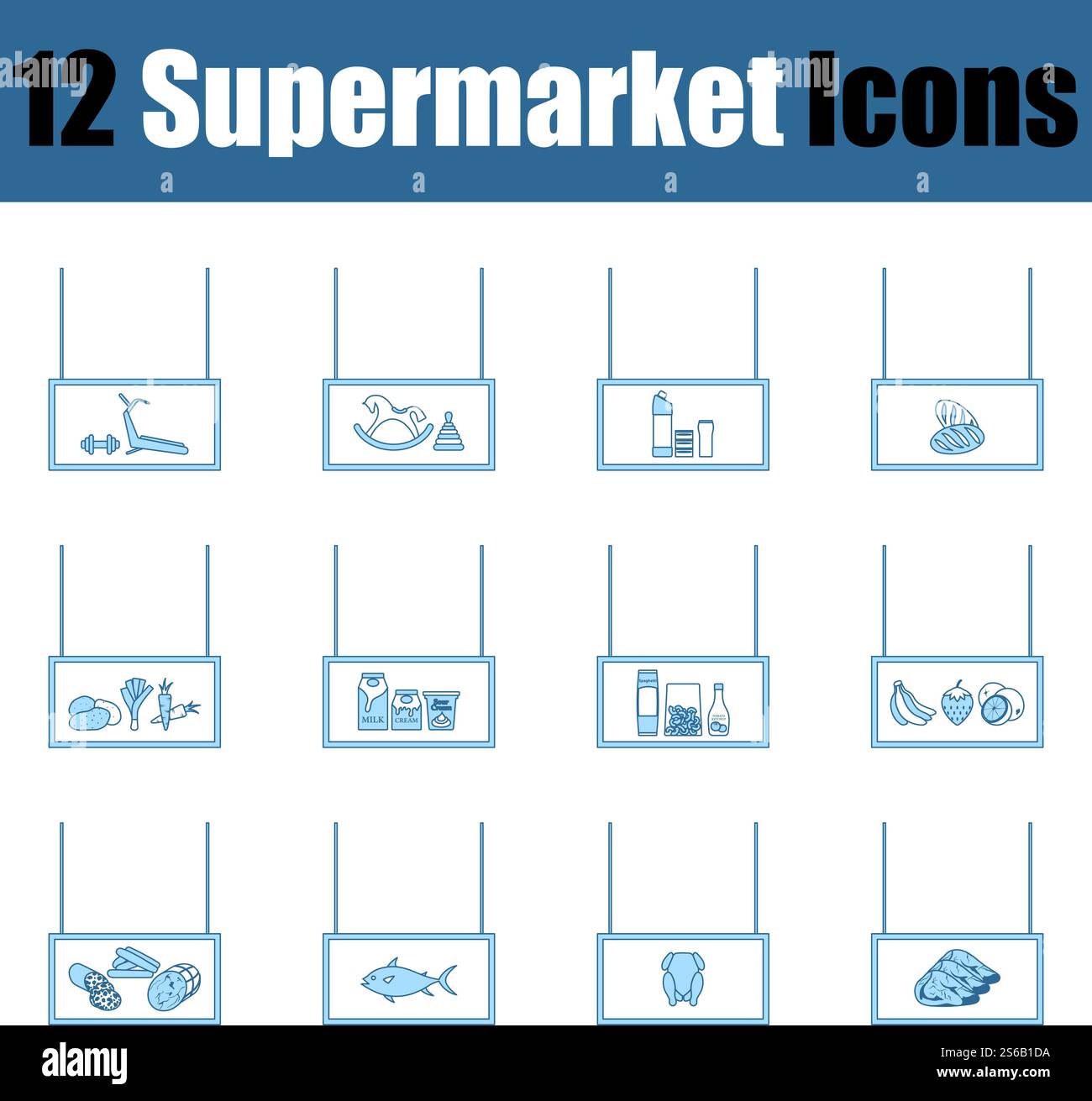 Supermarket Icon Set. Thin Line With Blue Fill Design. Vector ...