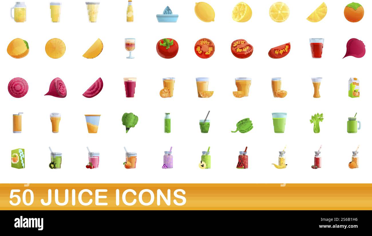 50 juice icons set. Cartoon illustration of 50 juice icons vector set ...
