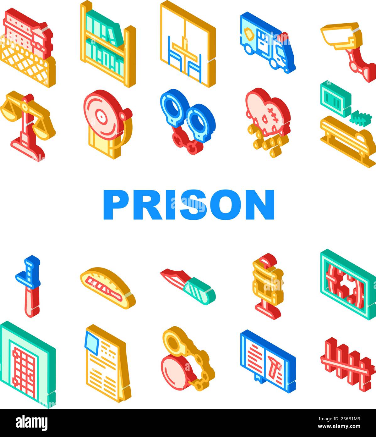 Prison Building And Accessory Icons Set Vector. Prison Cell And ...