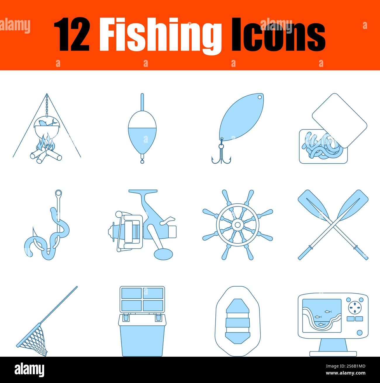 Fishing Icon Set. Thin Line With Blue Fill Design. Vector Illustration ...
