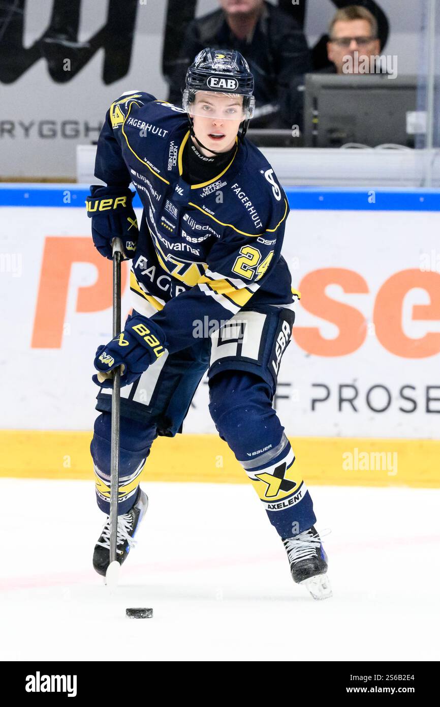250116 HV71s Oscar Fisker Molgaard under ishockeymatchen i SHL mellan HV71 och Färjestad den 16 ...