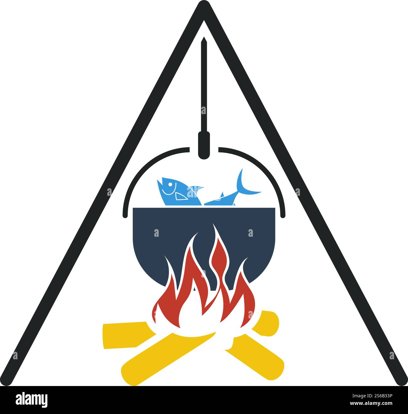 Icon Of Fire And Fishing Pot. Flat Color Design. Vector Illustration ...
