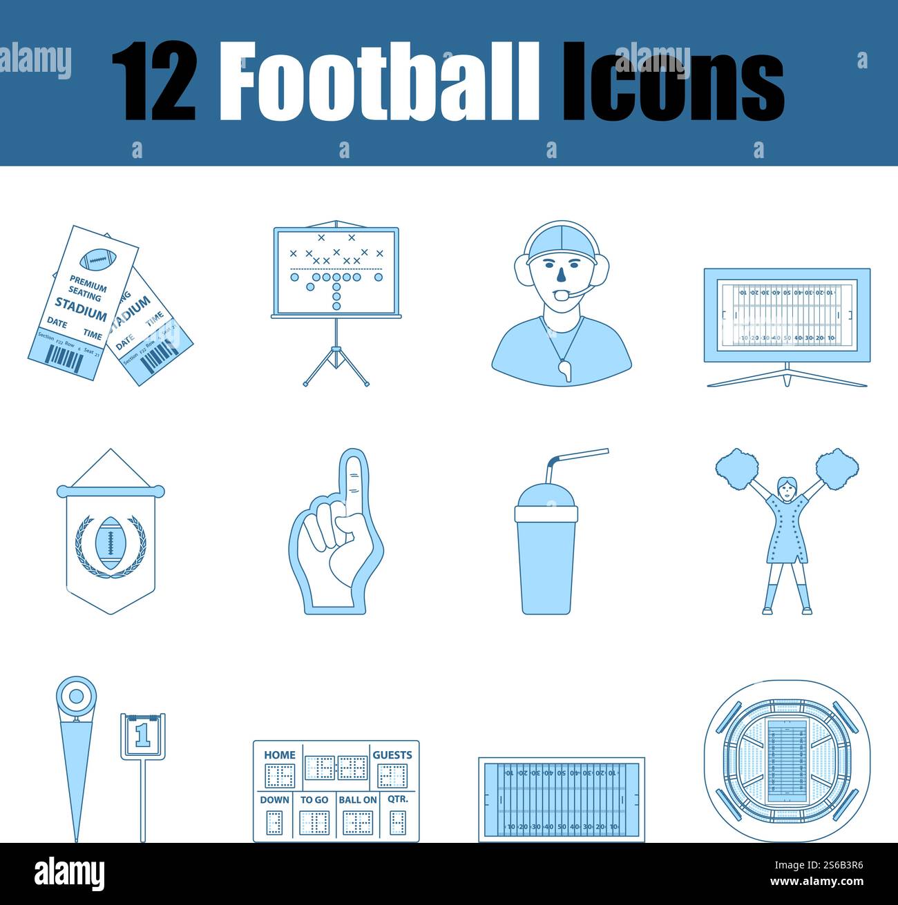 Football Icon Set. Thin Line With Blue Fill Design. Vector Illustration ...