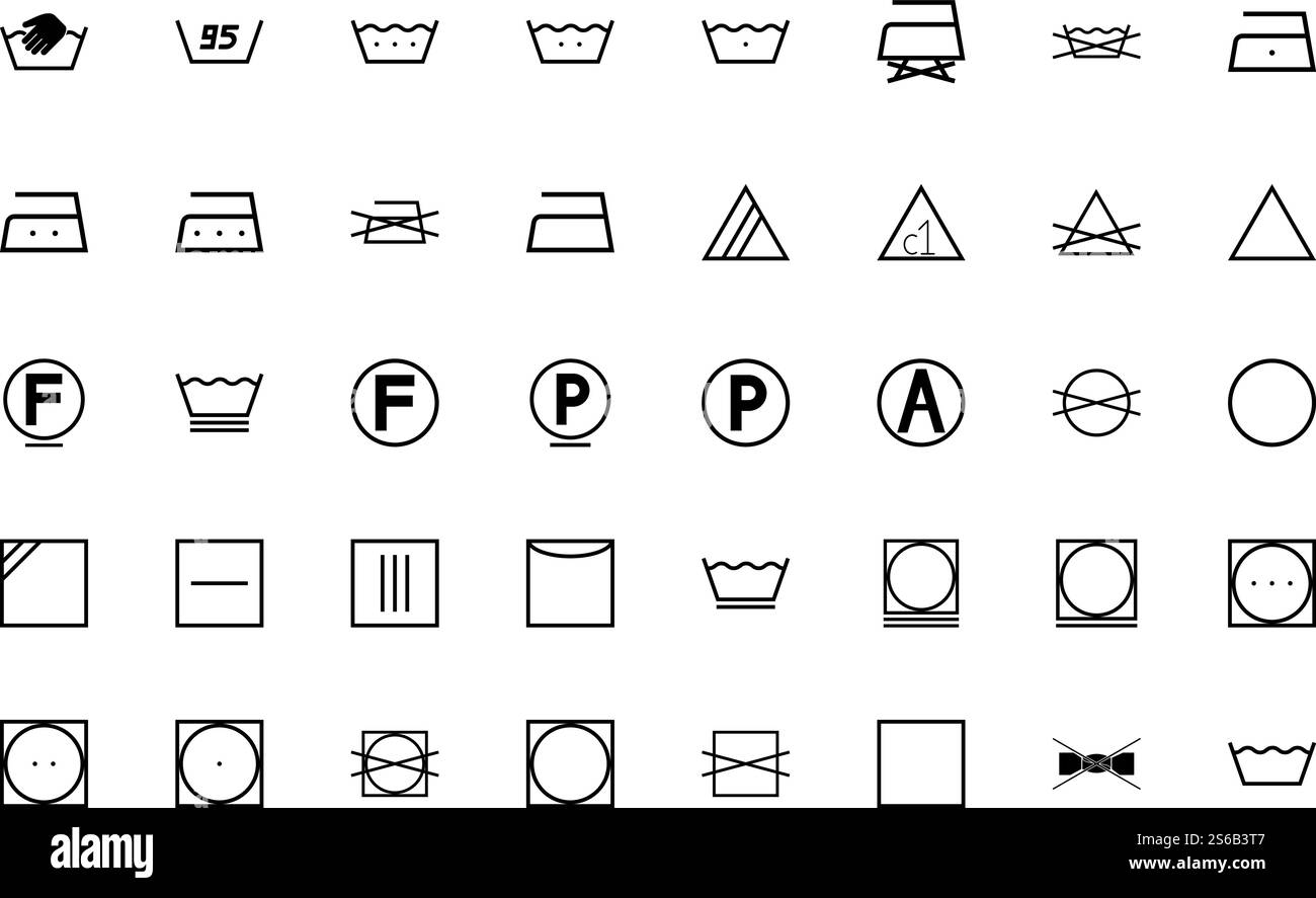 Wash sign Clothes care symbols black color set solid style vector ...