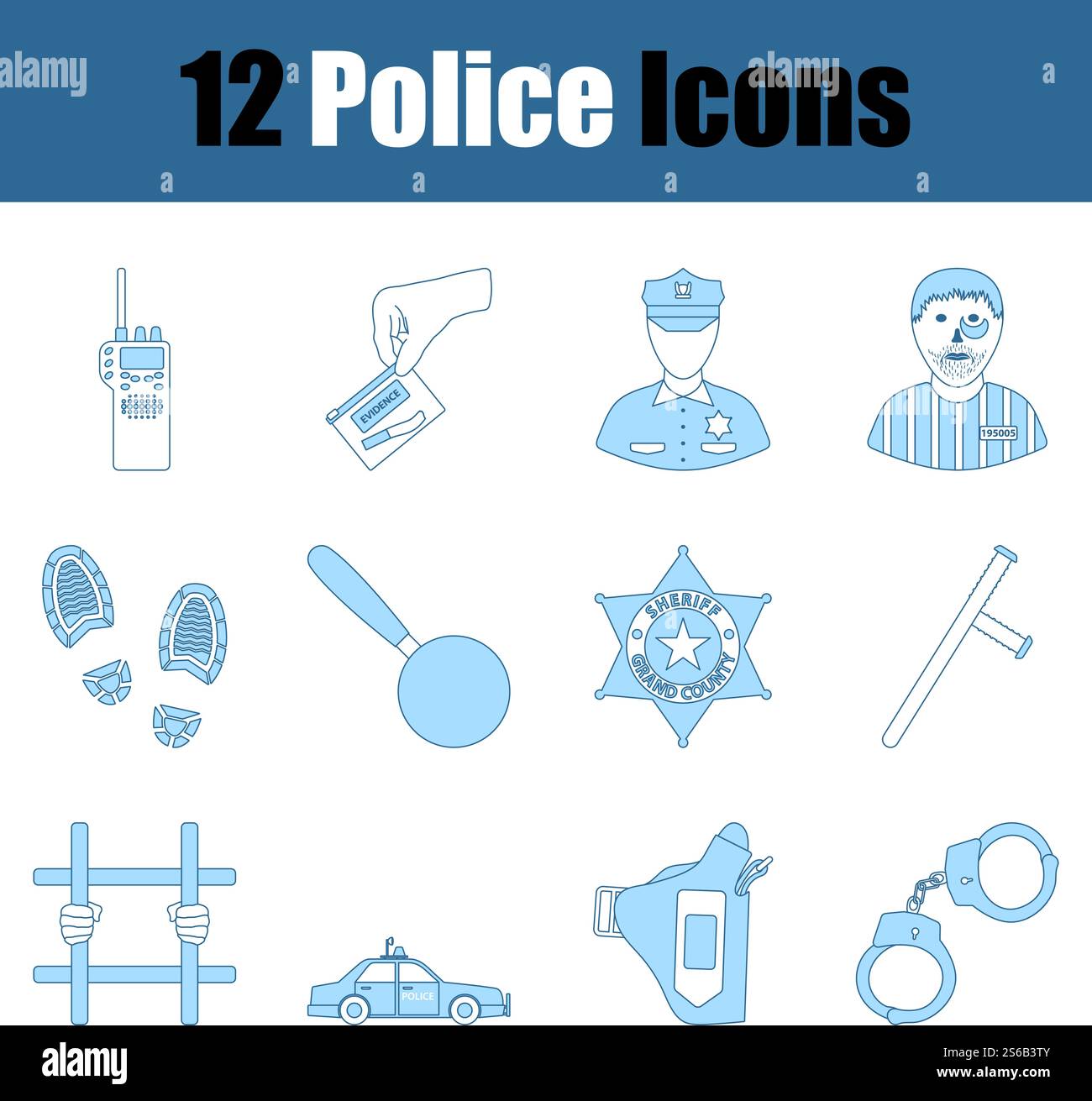 Police Icon Set. Thin Line With Blue Fill Design. Vector Illustration ...
