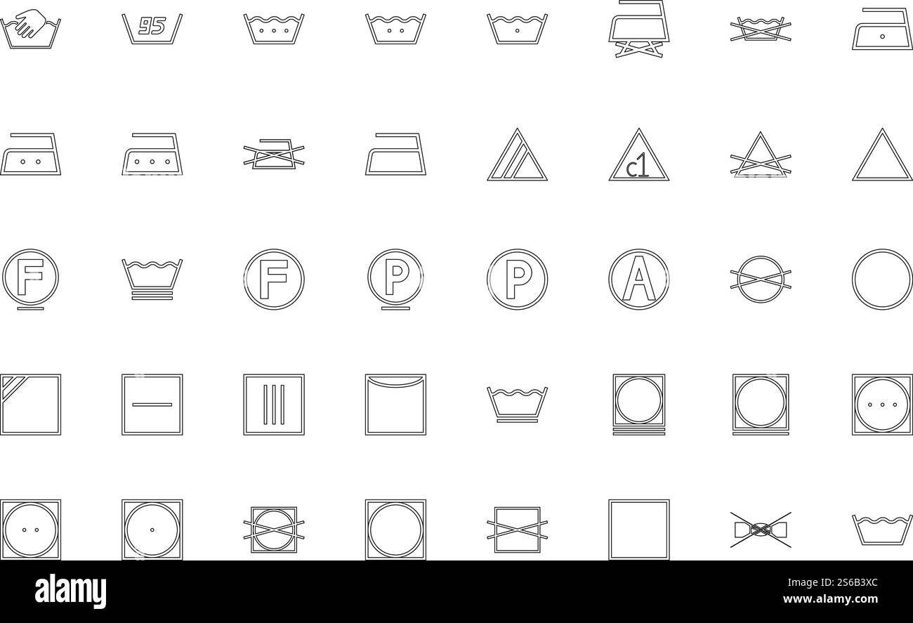 Wash sign Clothes care symbols black color set outline style vector ...