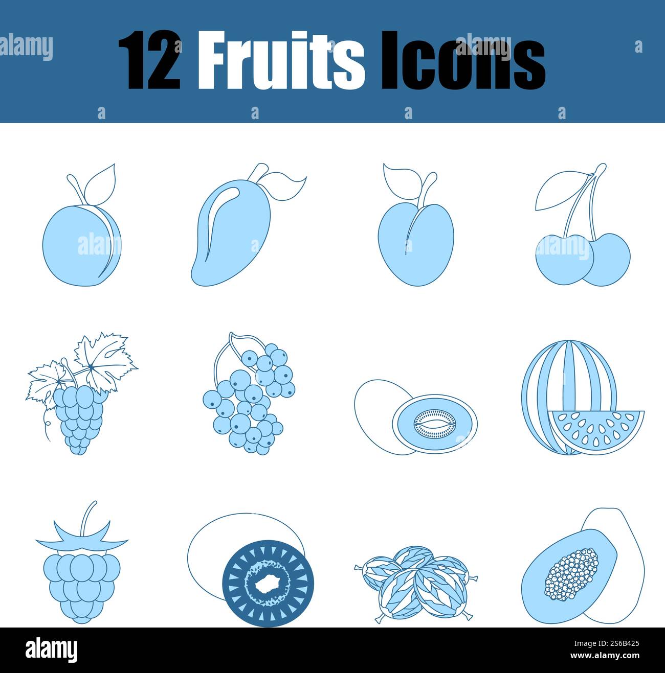 Fruits Icon Set. Thin Line With Blue Fill Design. Vector Illustration ...