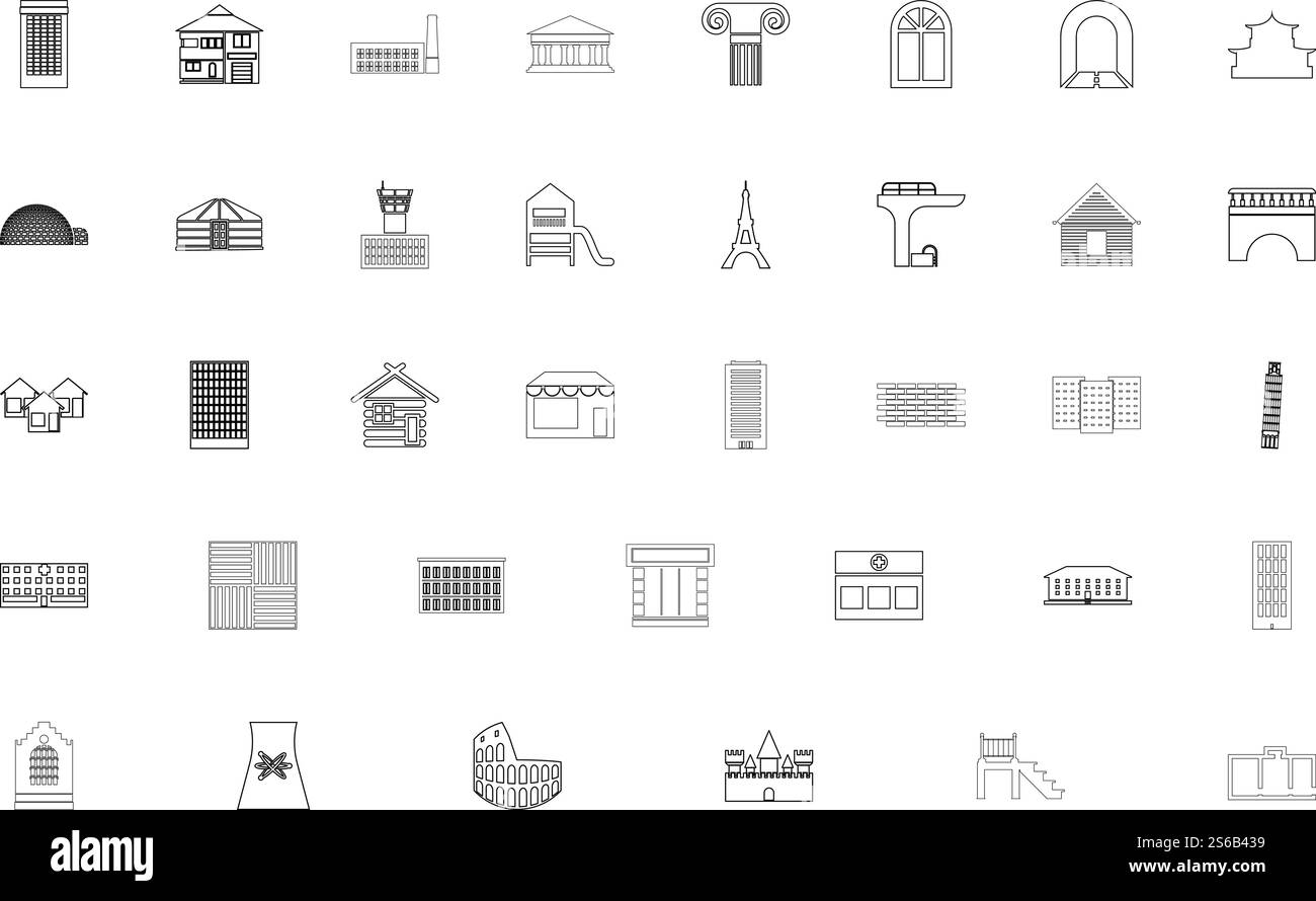 Architecture black color set outline style vector illustration ...