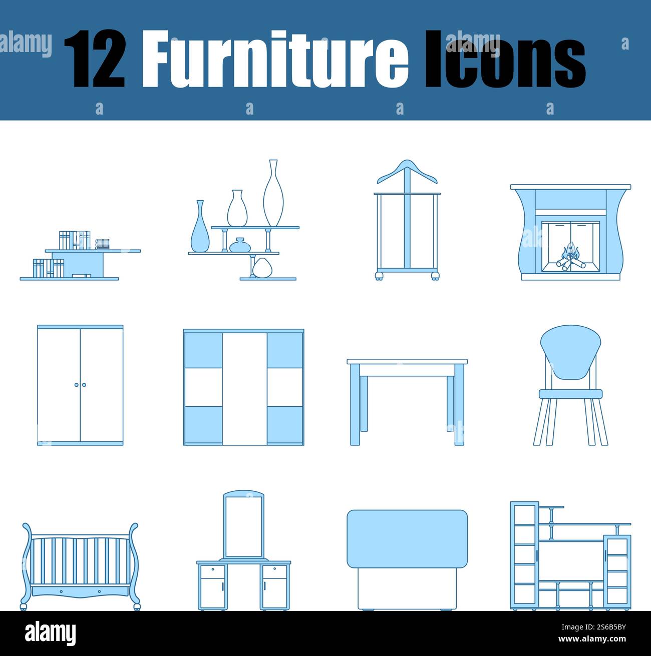 Furniture Icon Set. Thin Line With Blue Fill Design. Vector ...
