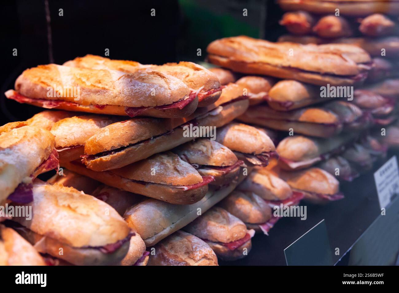 Bocadillos on showcase of Spanish fast food restaurant Stock Photo - Alamy