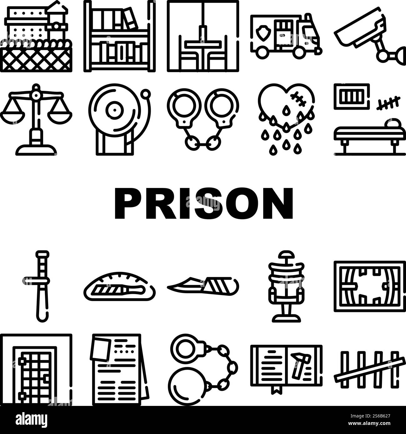 Prison Building And Accessory Icons Set Vector. Prison Cell And ...