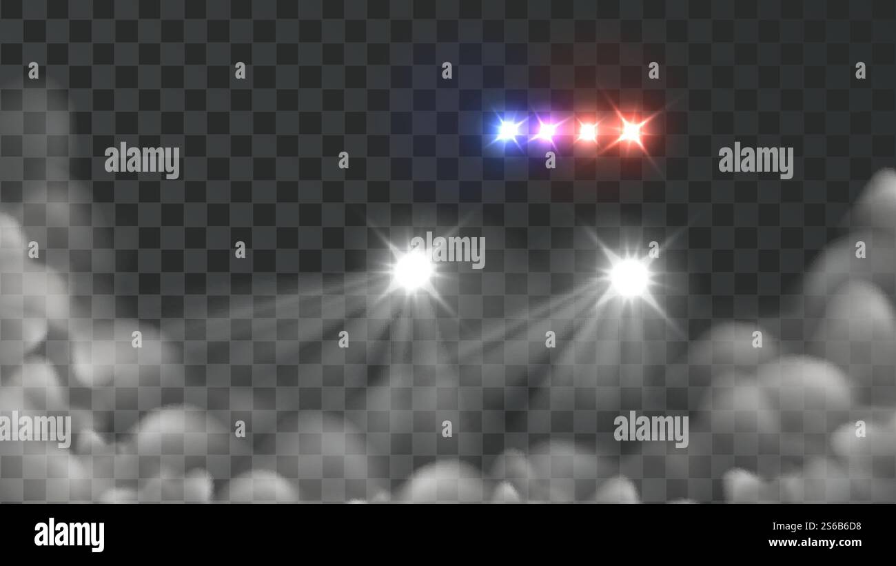 Police Car Light And Blink Siren In Fog Vector. Glowing And Blinking ...