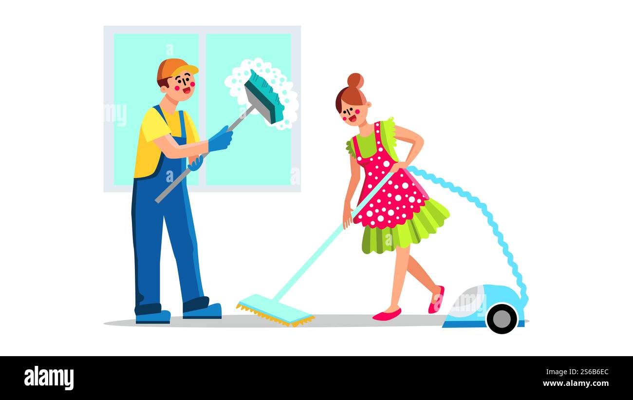 Cleaning Service Employees With Equipment Vector. Man With Mob Washing ...