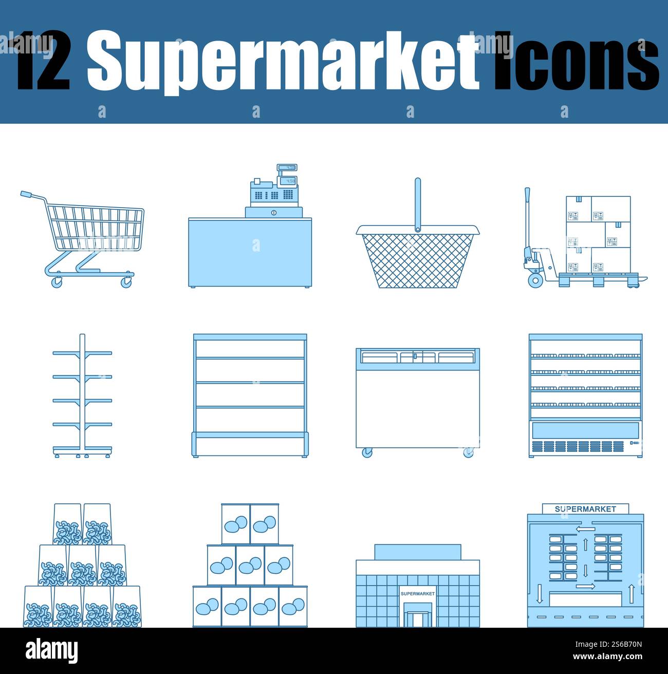 Supermarket Icon Set. Thin Line With Blue Fill Design. Vector ...