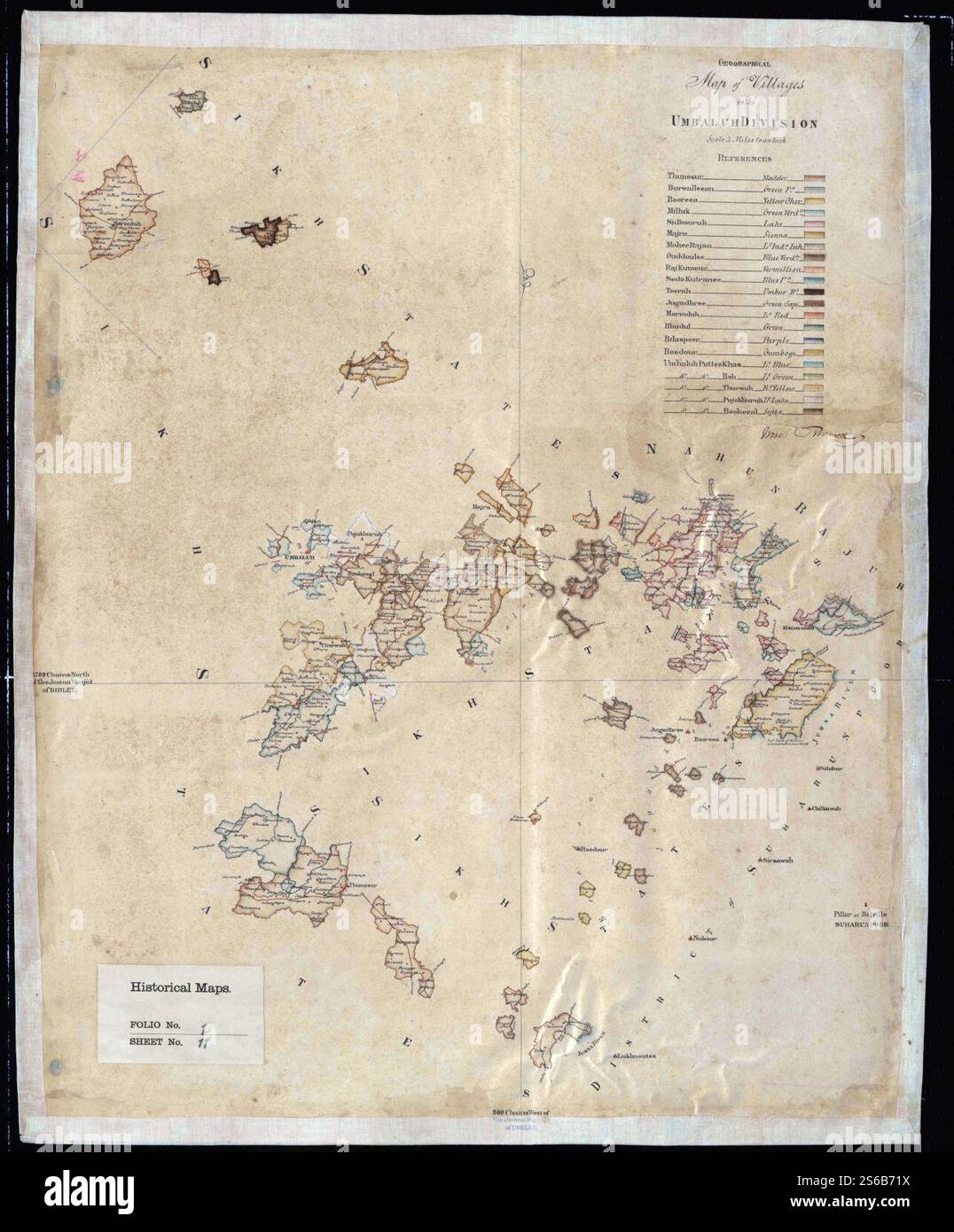 Geographical map of villages in Ambala Division, by William Brown, 1840 ...