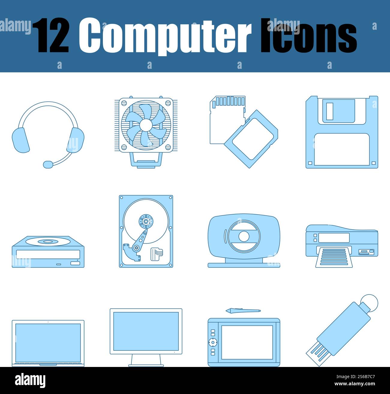 Computer Icon Set. Thin Line With Blue Fill Design. Vector Illustration ...