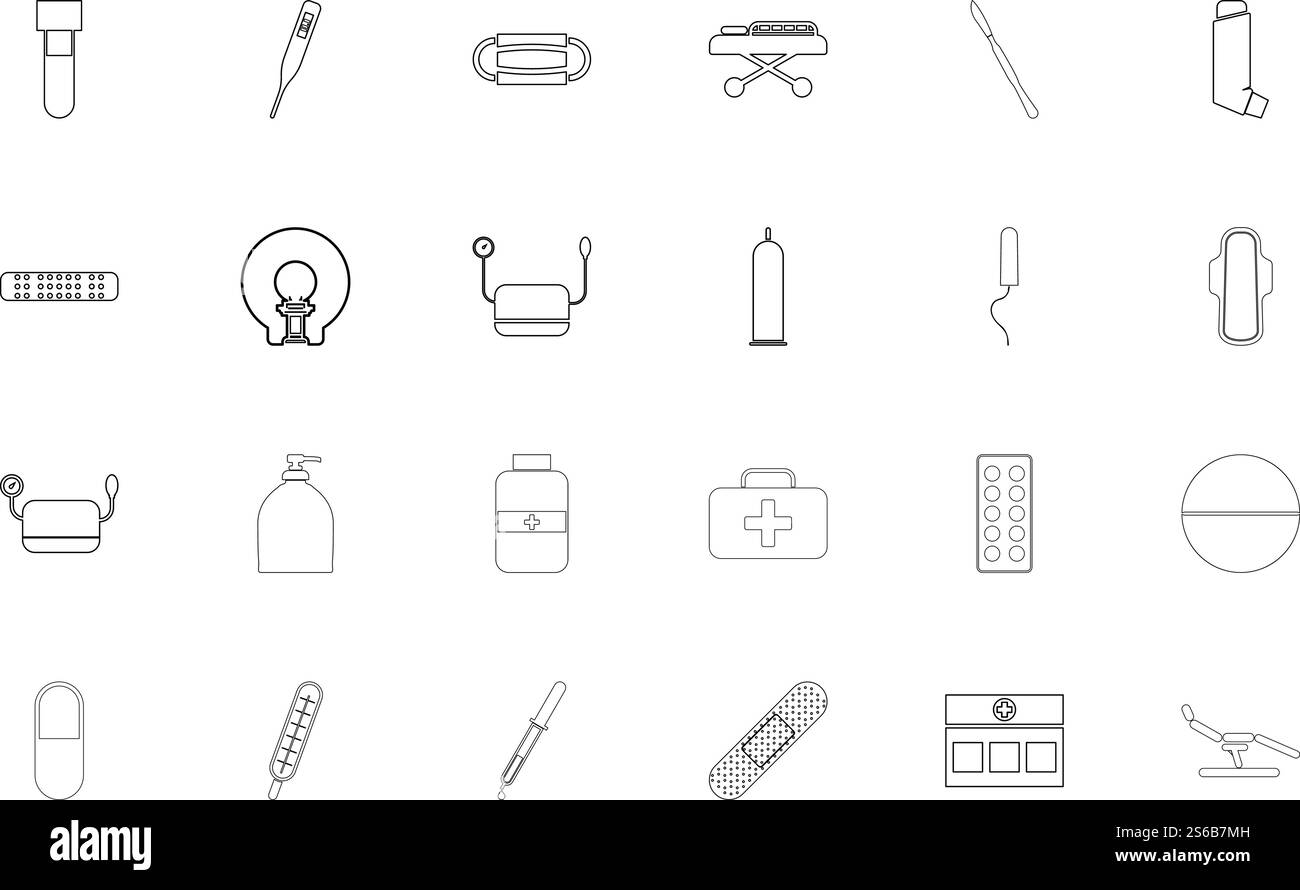 Medical objects black color set outline solid style vector illustration ...