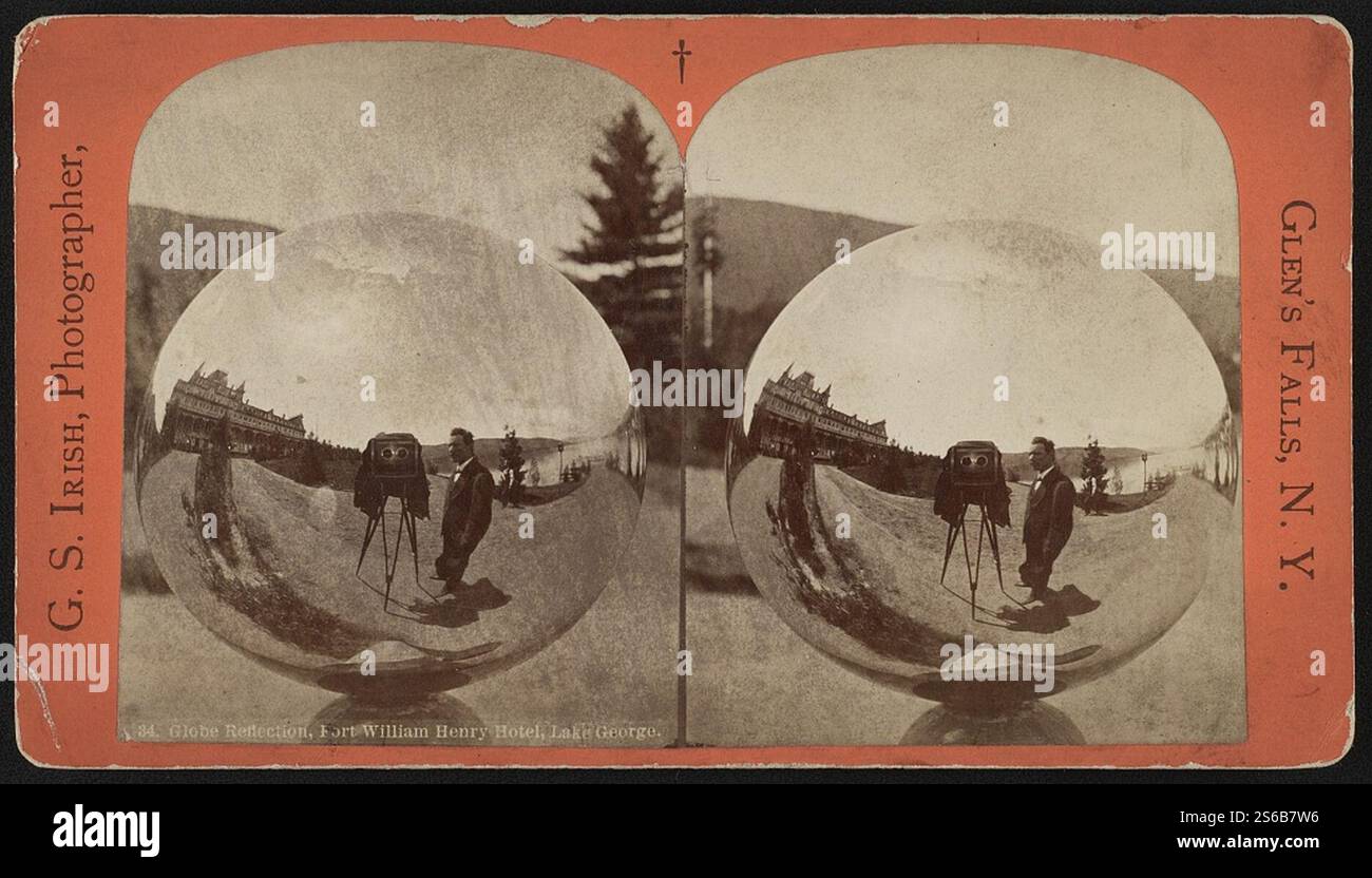 Globe reflection, Fort William Henry Hotel, Lake George, New York circa ...
