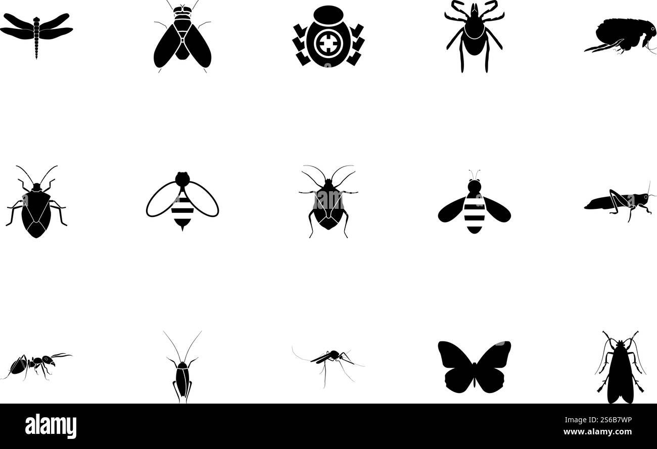 Insects black color set solid style vector illustration. Insects black ...