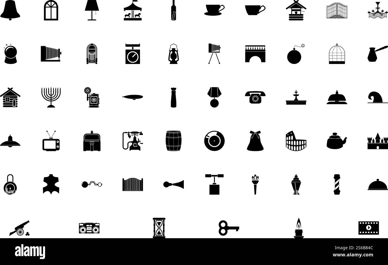 Vintage objects concept black color set solid style vector illustration ...