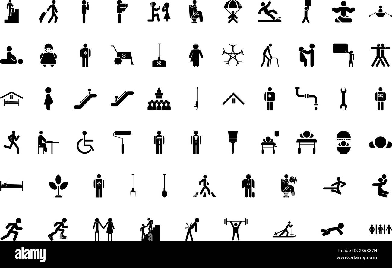 Stick figure black color set solid style vector illustration. Stick ...