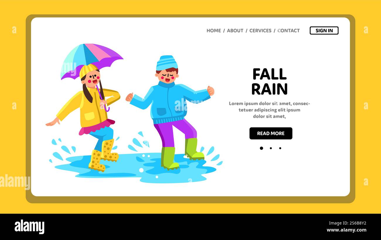 Fall Rain Season Kids Jumping In Puddle Vector. Children Wearing Autumn ...
