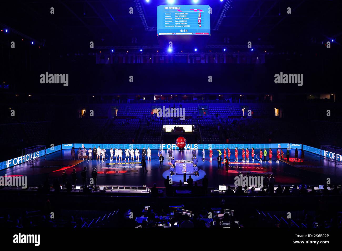 ZAGREB, CROATIA - JANUARY 16: Players line up for a national anthems ...
