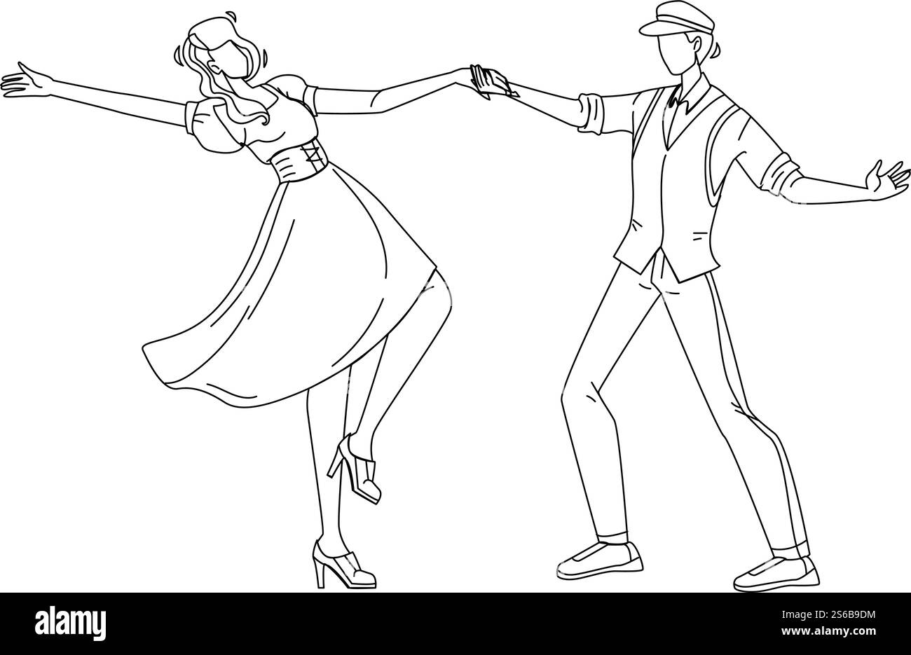 Swing Dance Party Dancing Young Couple Black Line Pencil Drawing Vector ...
