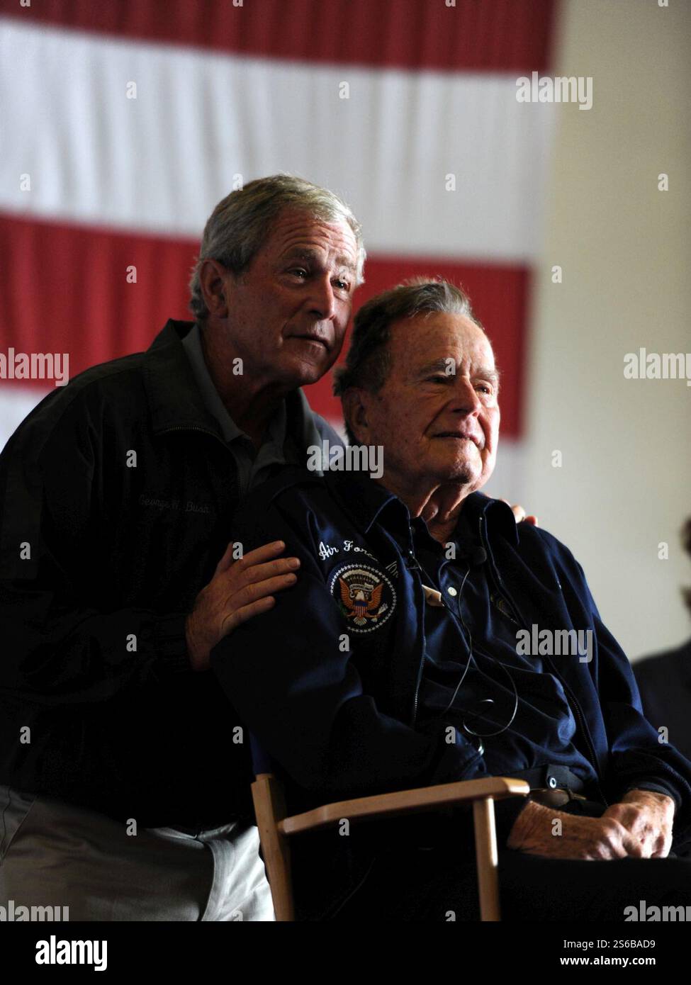 George Bush senior and junior during a ceremony aboard the aircraft ...