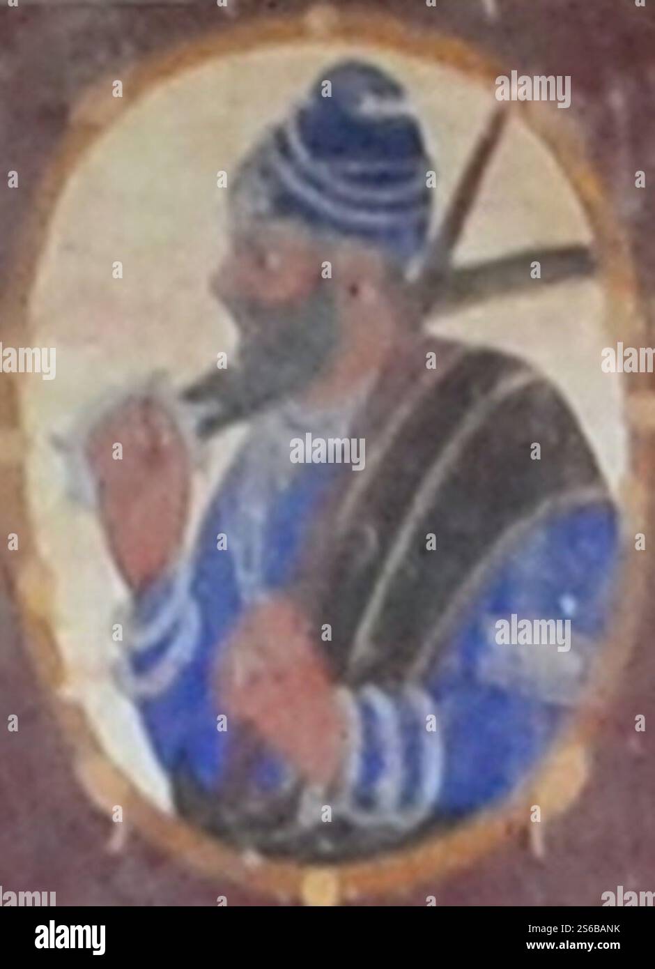 Fresco of a Sikh warrior wearing blue clothes and turban with weapons ...