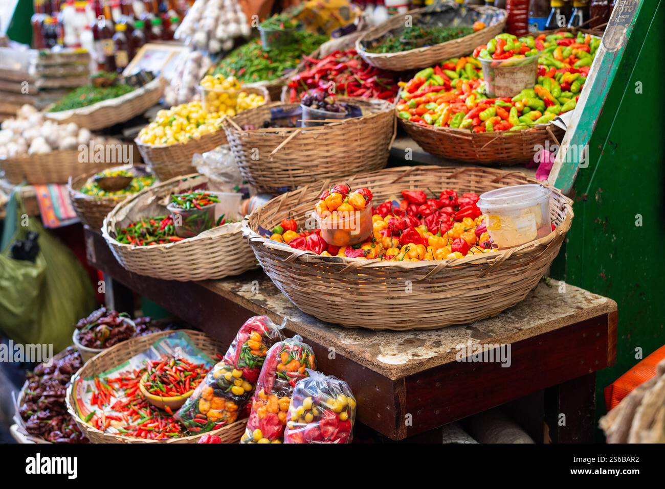 Peppers at a sales stand. Plant with a hot and spicy flavor. Fruit ...