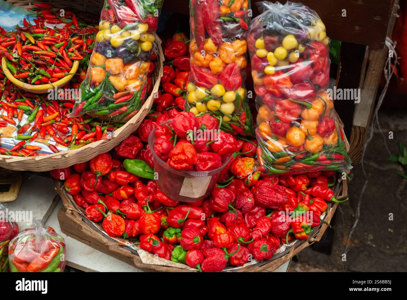 Peppers at a sales stand. Plant with a hot and spicy flavor. Fruit ...