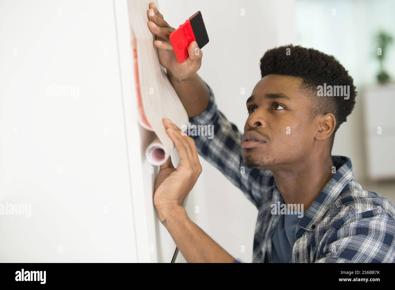 man with wallpaper with glue Stock Photo - Alamy