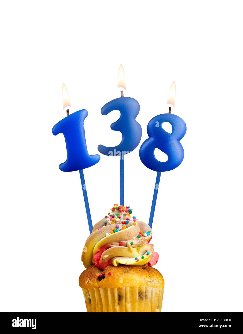 Candle in shape of the number 138 - Blue birthday on a white background ...