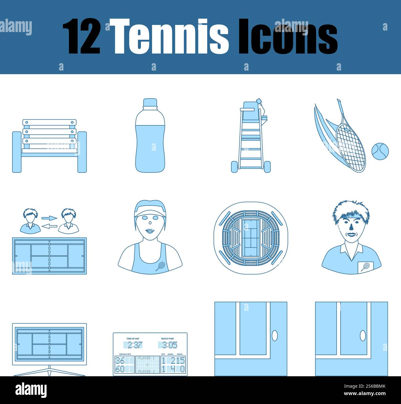 Tennis Icon Set. Thin Line With Blue Fill Design. Vector Illustration ...