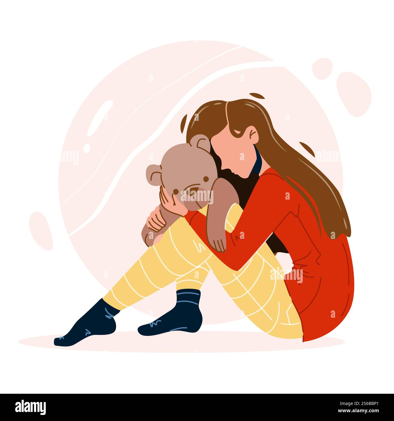 Girl With Trauma Embracing Teddy Bear Toy Vector. Depressed Young Woman ...