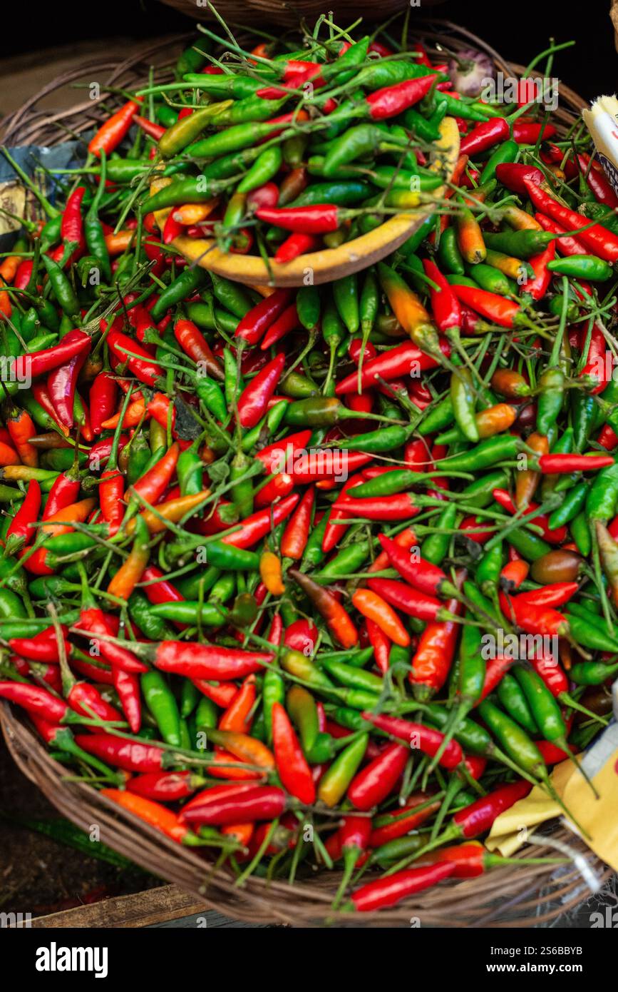 Peppers at a sales stand. Plant with a hot and spicy flavor. Fruit ...