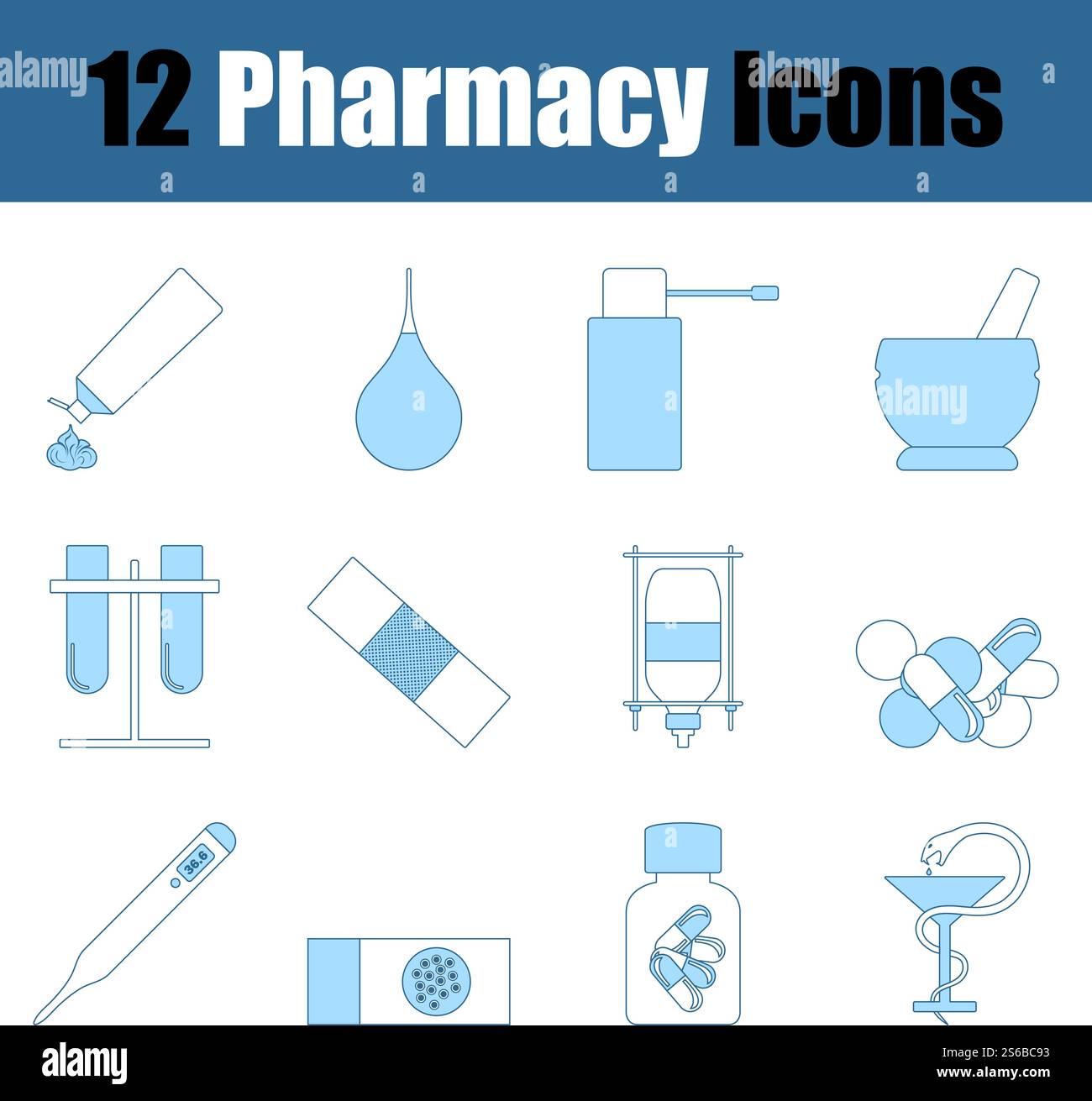 Pharmacy Icon Set. Thin Line With Blue Fill Design. Vector Illustration ...