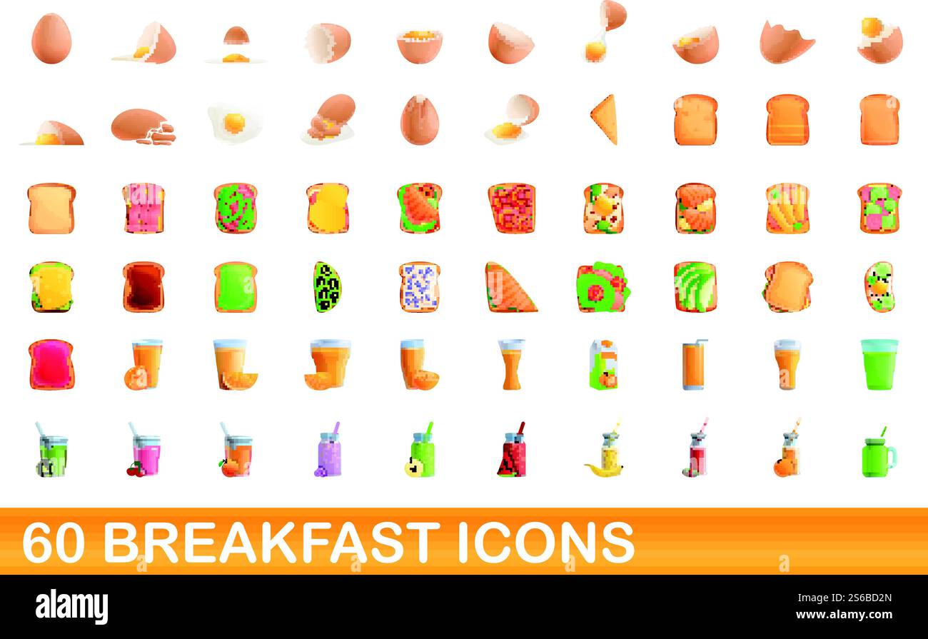 60 breakfast icons set. Cartoon illustration of 60 breakfast icons ...