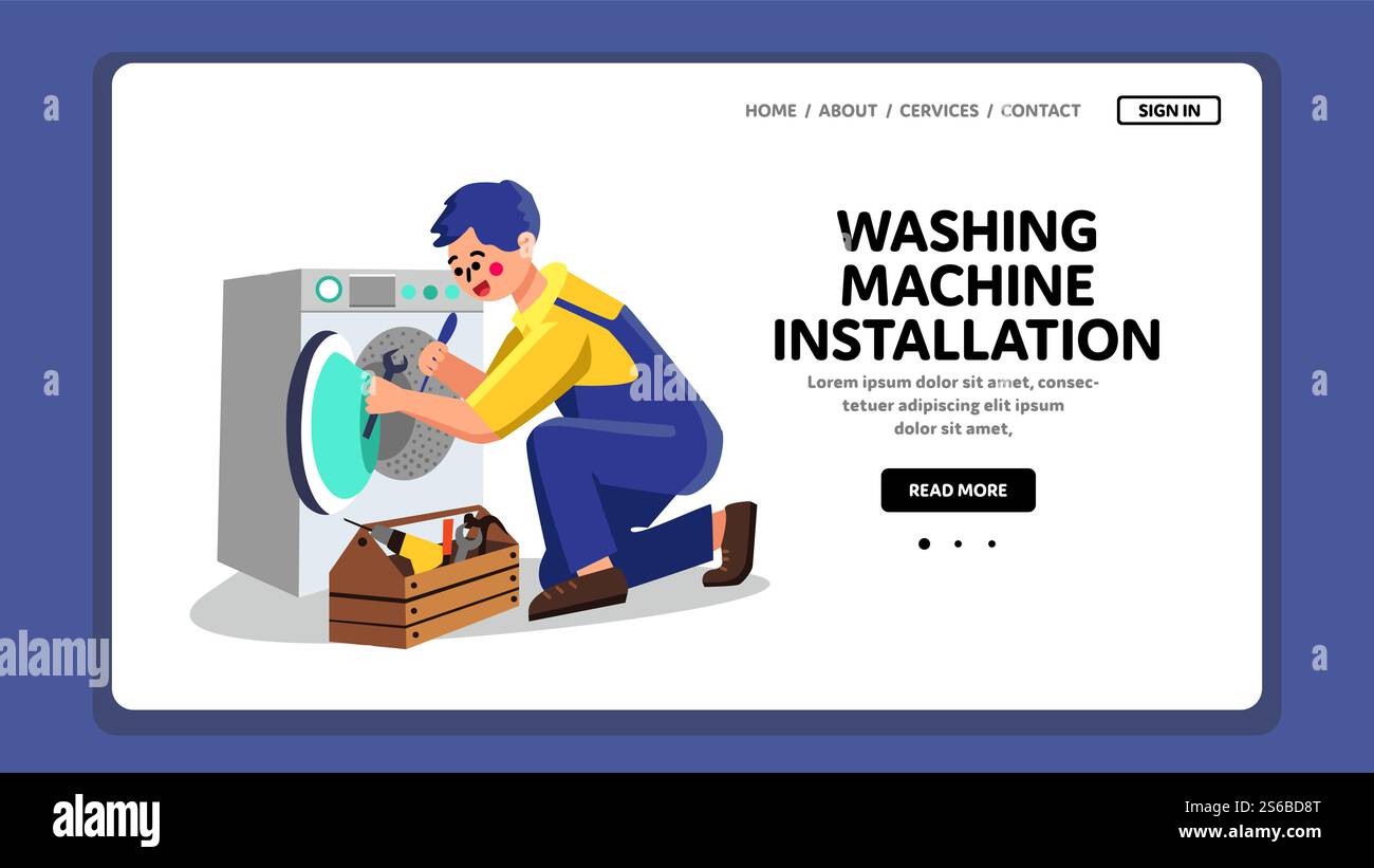 Washing Machine Installation Plumber Job Vector. Washing Machine ...