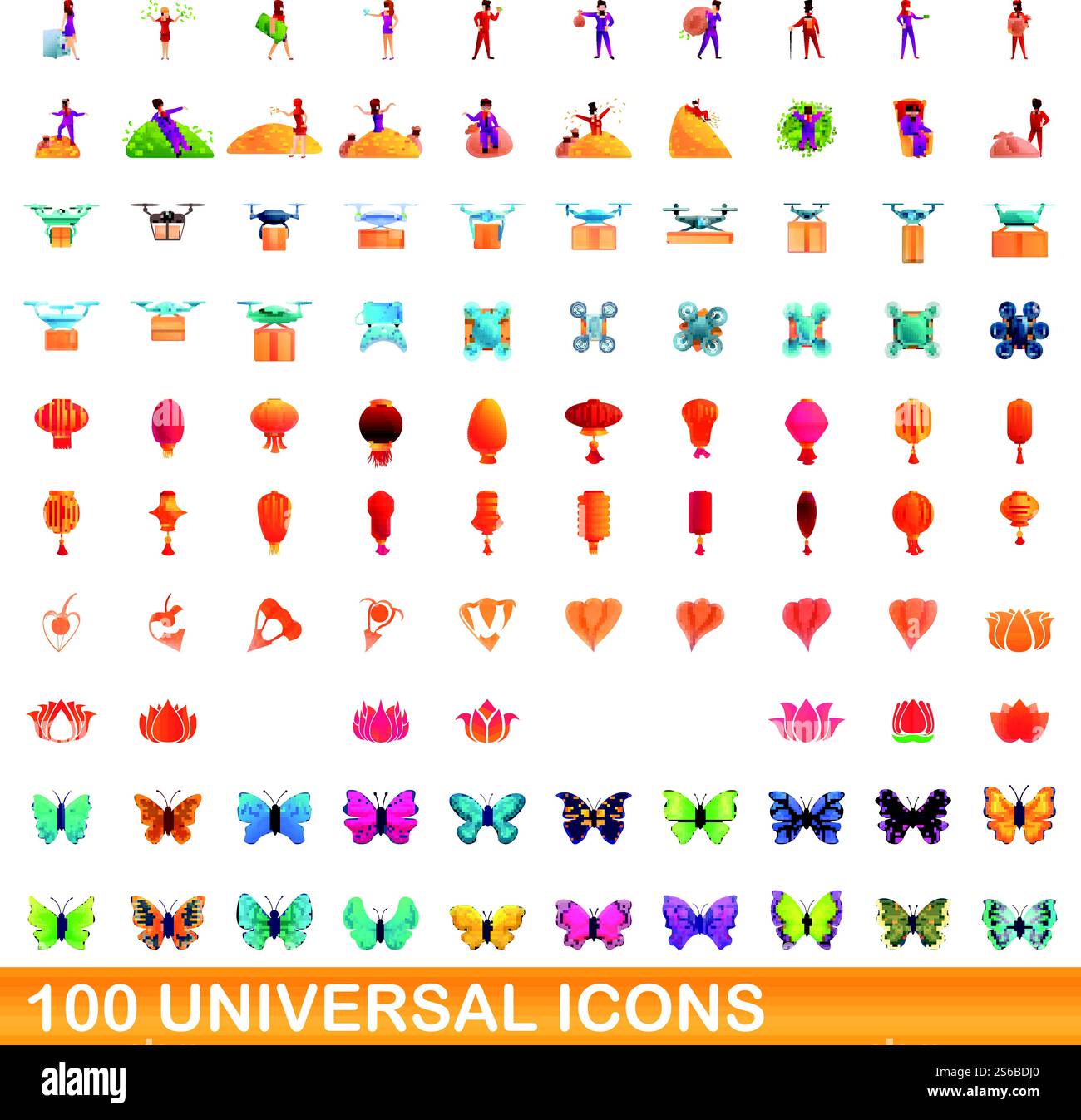 100 universal icons set. Cartoon illustration of 100 universal icons ...
