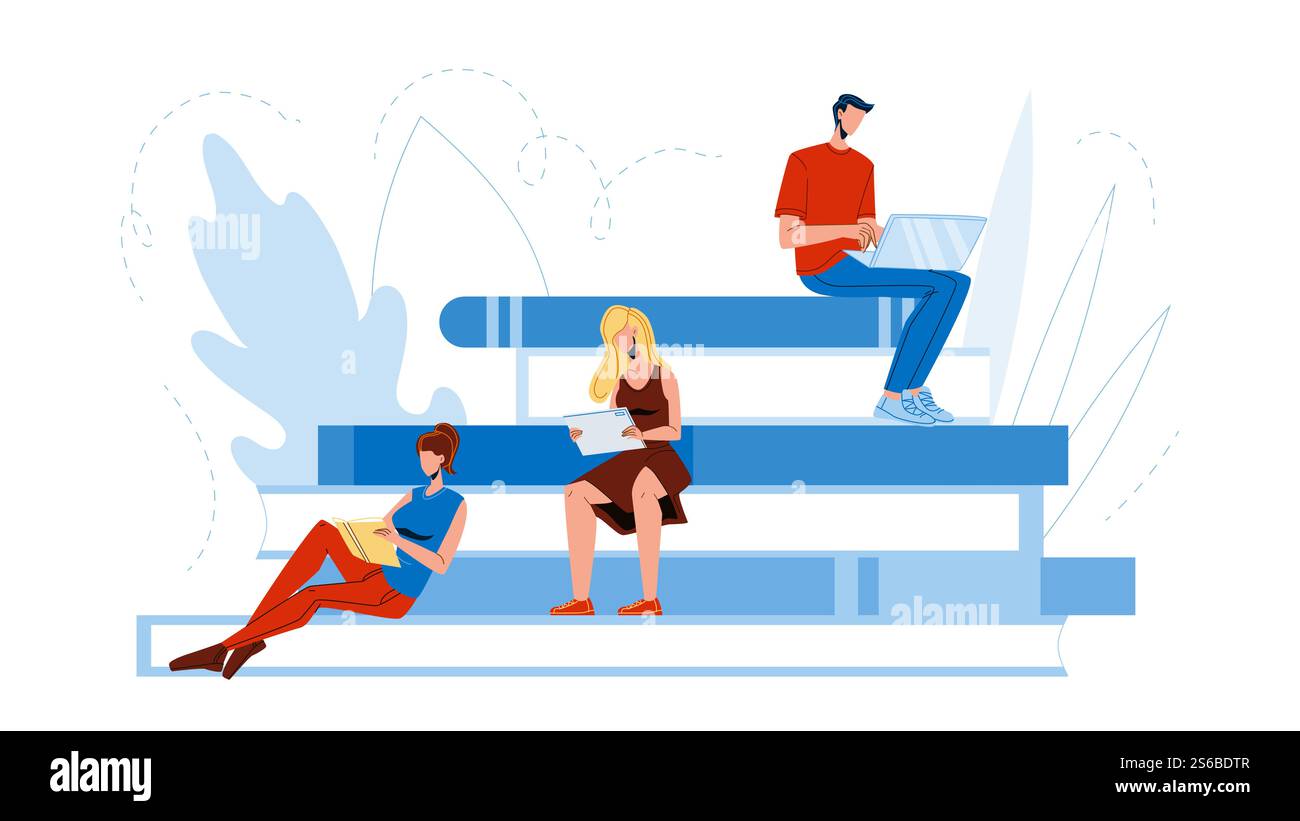 Scholar People Studying Reading On Tribune Vector. Boy Scholar Working ...