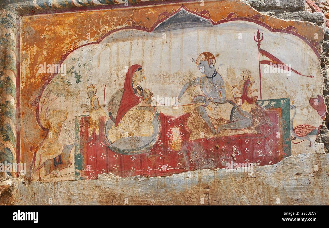 Fresco depicting Shiva and Parvati preparing bhang whilst celestial ...