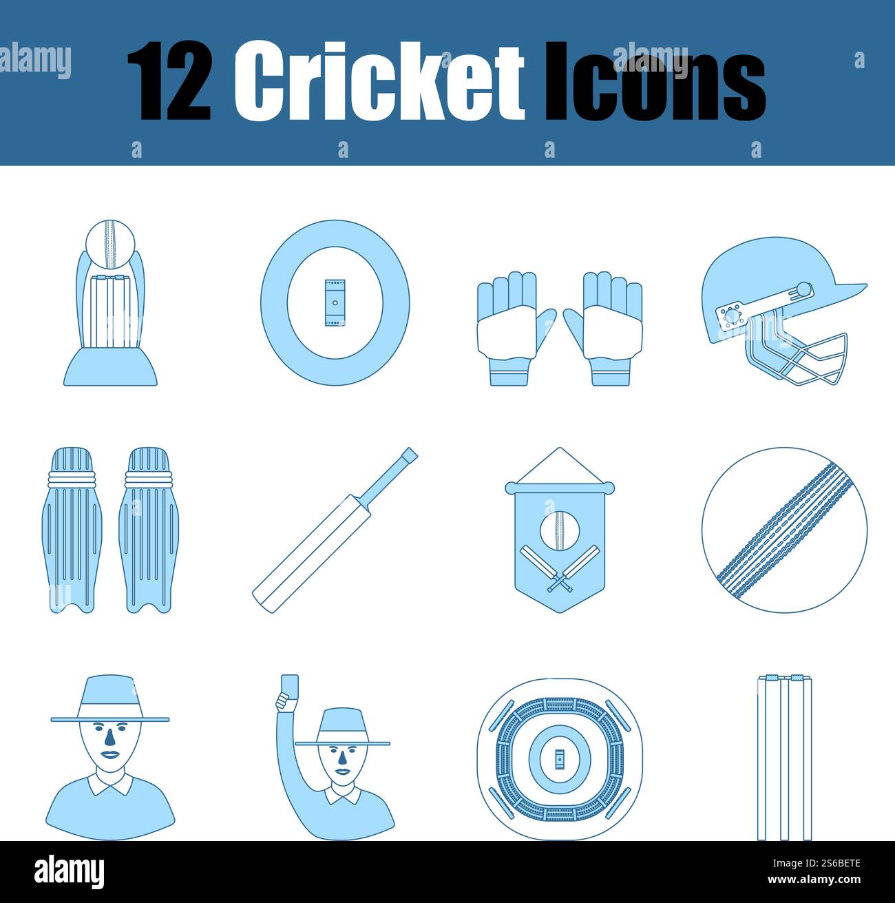Cricket Icon Set. Thin Line With Blue Fill Design. Vector Illustration ...
