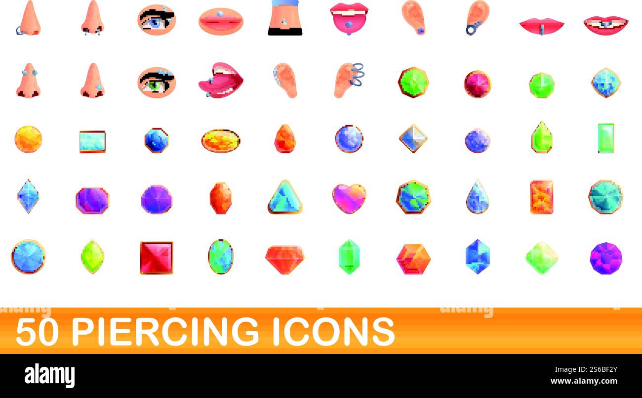 50 piercing icons set. Cartoon illustration of 50 piercing icons vector ...