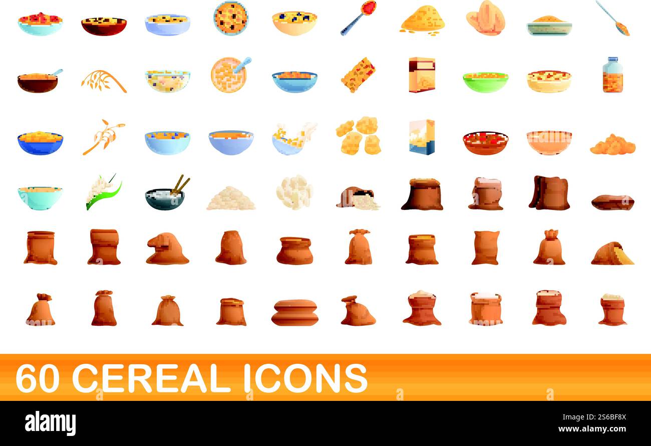 60 cereal icons set. Cartoon illustration of 60 cereal icons vector set ...